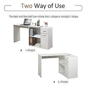 HOMCOM L Shaped Computer Desk, 180° Rotating Corner Desk with Storage Shelves, Drawer and Cabinet, Study Workstation for Home Office, White