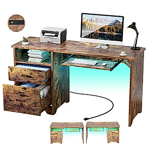 Hyomdeck Office Desk with File Cabinet, 55 Inch Reversible Computer Desk with Smart LED Light and Power Outlet, Sturdy Gaming Desk with Keyboard Tray & Storage Drawers, Easy to Assemble, Rustic Brown