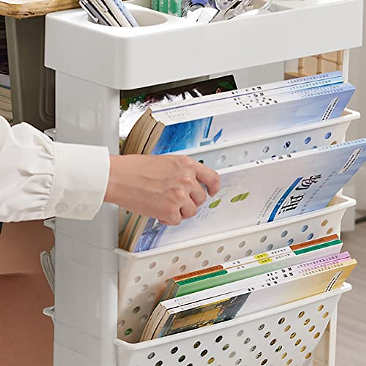 Movable Bookshelf, Rolling Utility Cart Multifunctional Storage Trolley, Multilayer Capacity Bookshelves Organizer, Rotatable Removable Plastic Rolling Organization Shelf