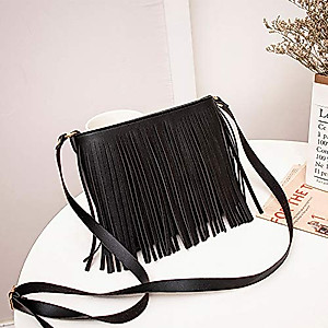 Moudozsdi Lightweight Tassel PU Leather Crossbody Bag with Purse for Women Shoulder Bag (Black)