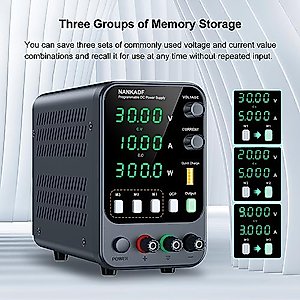 NANKADF DC Power Supply, 30V 10A Bench Power Supply with Memory Storage & Recall，Variable Power Suppy with Encoder Adjustment Knob, 5V/3.6A USB Quick-Charge & OCP Short Circuit Alarm