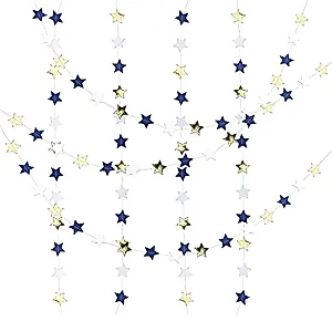 GUZON 30 Feet Navy Blue Gold White Star Garland Glitter Paper Banner Streamer Bunting Hanging Decorations for Engagement Birthday Baby Shower Wedding Baby Room Backdrop Party Supplies(4Pcs)