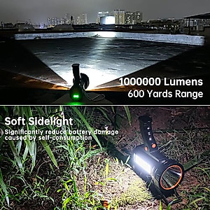 BUYSIGHT Rechargeable Spotlight Flashlight, 1000,000 lumens 600 Yards Range Solar Charge Hand held Large flashlights with red Lens Side Flood Light Warning Light USB C Input (Solar Black)