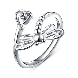 DAOCHONG 925 Sterling Silver Open Heart Insect Dragonfly Wrap Ring for Women (Adjustable Ring) (Dragonfly(wing fitting finger design))