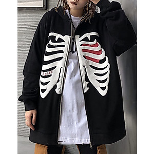 WINKEEY Women's Zip Up Skeleton Print Hoodie Y2K Long Sleeve Hooded Jacket Sweatshirt (M,Black)