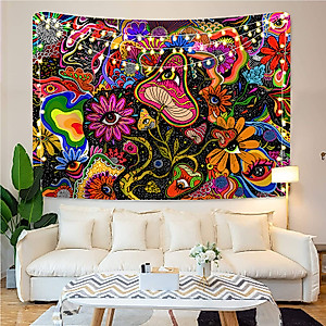 Wekoxo Mushroom Tapestry Wall Tapestry Eyes Tapestry Colorful Flowers Wall Hanging Tapestry for Bedroom Home Decor (H29.5 x W39.4)