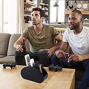 Leather Remote Control Holder with 5 Compartments TV Remote Caddy Storage Box/Tray,Desktop Organizer Store Controller,Glasses,Brush,Media Player,Pen,Space Saver for Bedside Table/Office Desk(Black)