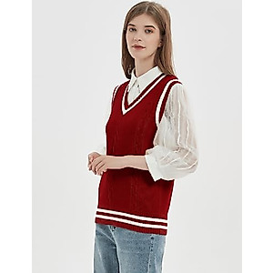 Gihuo Women's V Neck Sweater Vest Uniform Cable Knit Sleeveless Sweater (Wine, Small)