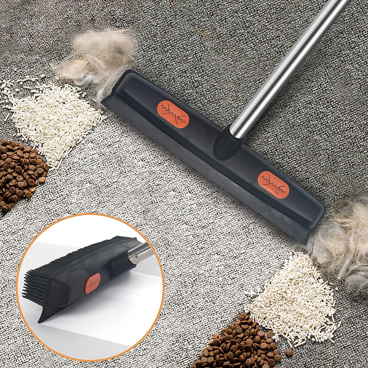 LandHope Carpet Rake for Pet Hair Remover Long Handle with Squeegee, Rubber Broom Carpet Brush Non Scratch Bristles Fur Remover Indoor Outdoor Push Broom for Cat Dog Hair Hardwood Tile Windows Clean
