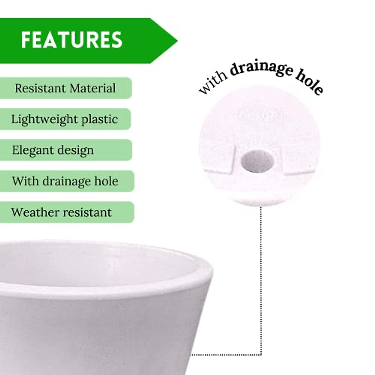 Elly Décor 15 inch Garden Planter Pot with Drainage, Round Wide Modern, Lightweight & Extremely Durable, for Patio Deck Indoor Outdoor Flower, 15" x 13" White