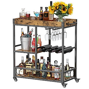 Furmax Bar Cart Home Bar Serving Cart with 3 Tiers, Rolling Bar Car with Large Storage Space & Lockable Wheels, Mobile Drink Cart with Removable Tray, Wine Rack, Glass Holder for Kitchen (Retro)
