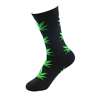 Athletic Sports High Crew Socks for Men Women Leaf Cotton Sock 3 Pairs Black White Green
