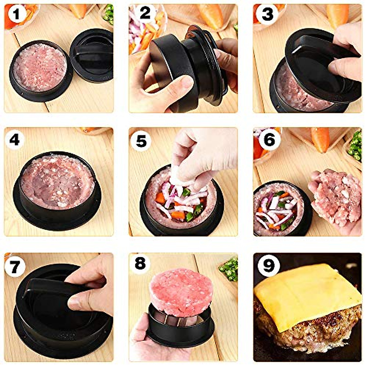Stuffed Burger Press，3 in 1 Hamburger Patty Maker，Non Stick Burger Patties Cookery Mold to Make Stuffed Burger, Sliders Burger, Beef Burger,with 100 Wax Papers