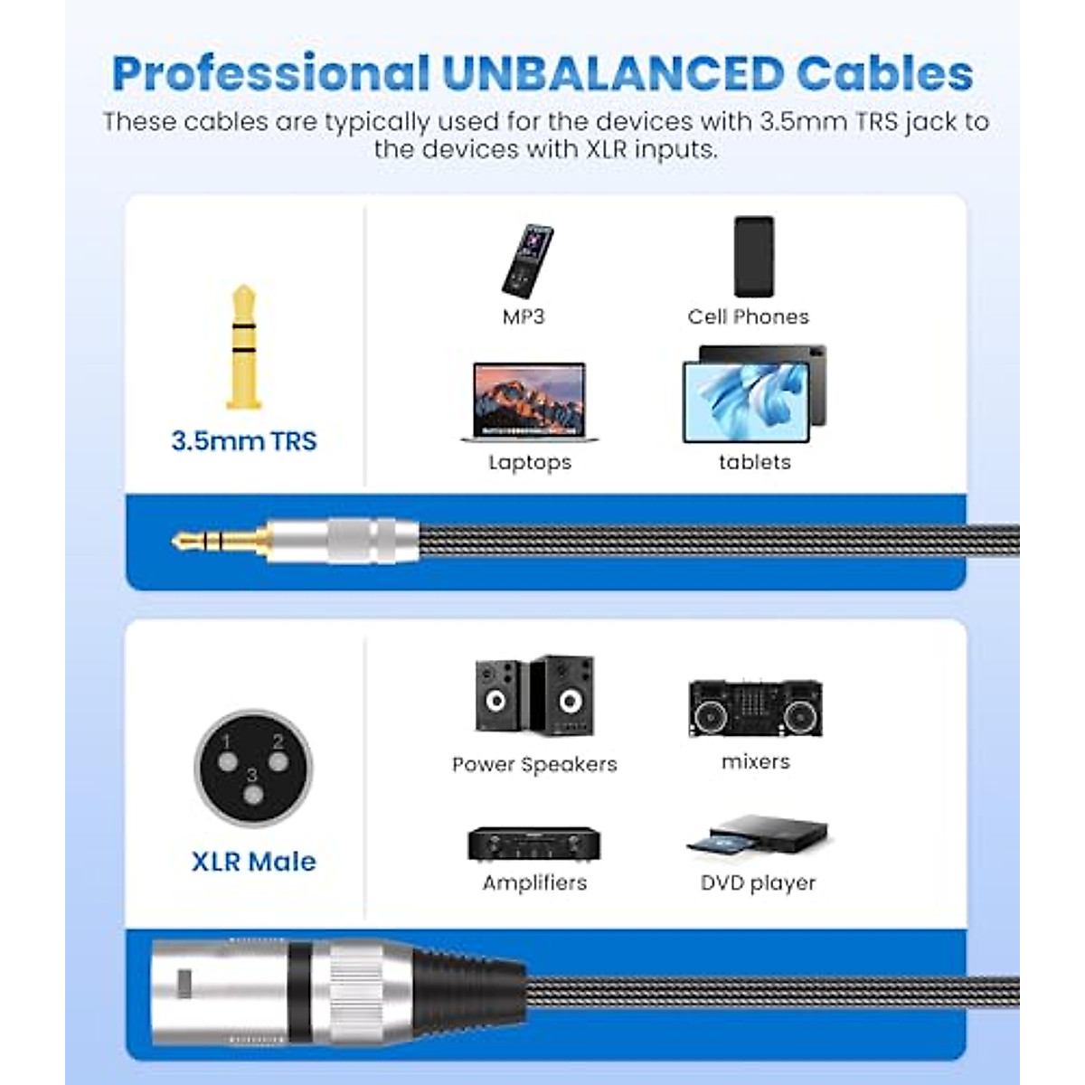 tisino 3.5mm to XLR Cable Unbalanced Mini Jack 1/8 inch to XLR Male Adapter Microphone Cord - 10ft/3m
