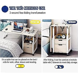 GFertre 2 in 1 Overbed Table with Wheels, Bedroom Side Table, Foldable Bedside Table with Drawer, Height Adjustable Over Bed Desk Laptop Mobile Computer Desk Workstation with Wheels Nightstand (White)