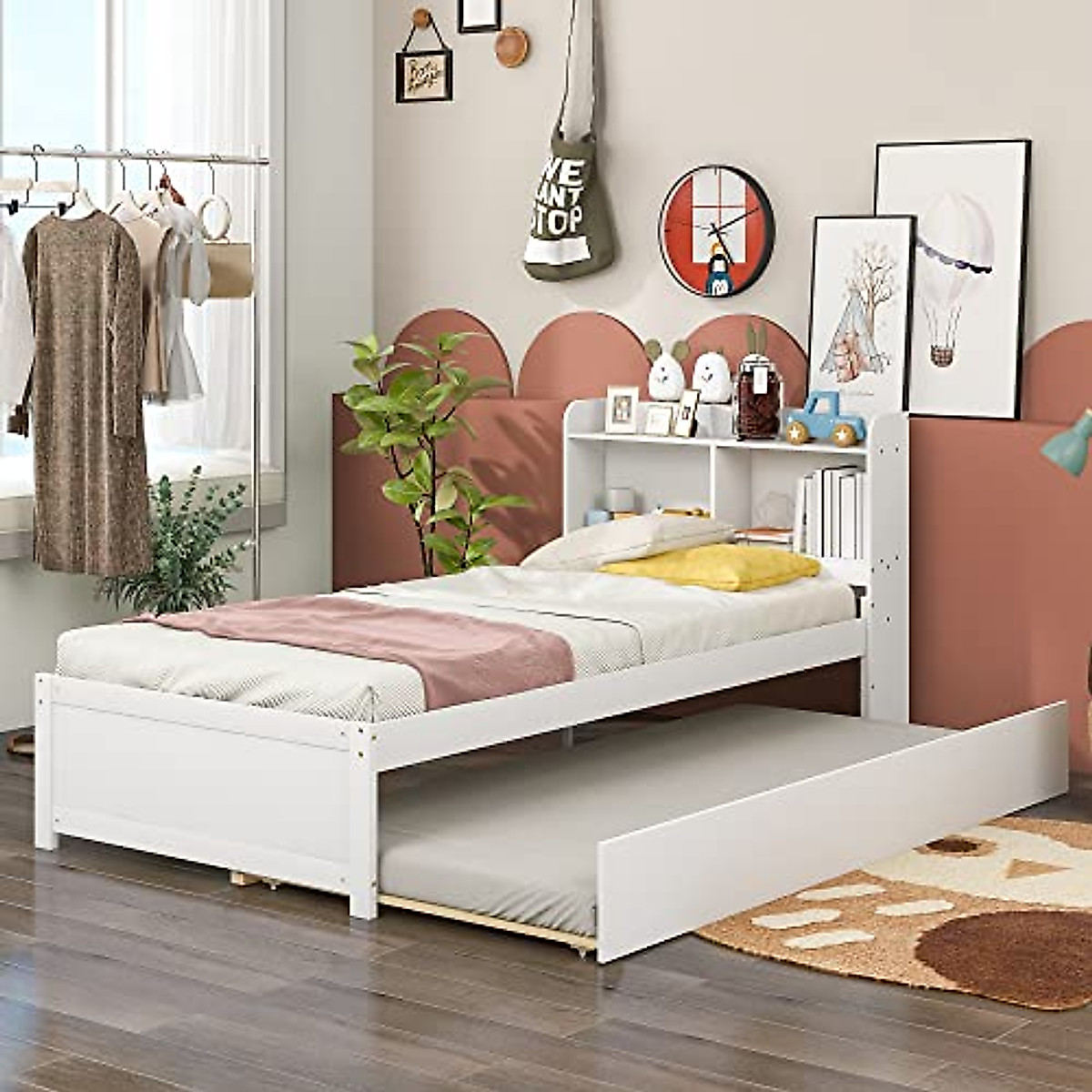 Twin Bed with Trundle, Twin Size Platform Bed with Bookcase Headboard and Pull Out Trundle Bed, Wooden Twin Bed Frame with Storage Shelves, No Box Spring Needed (Twin, White)