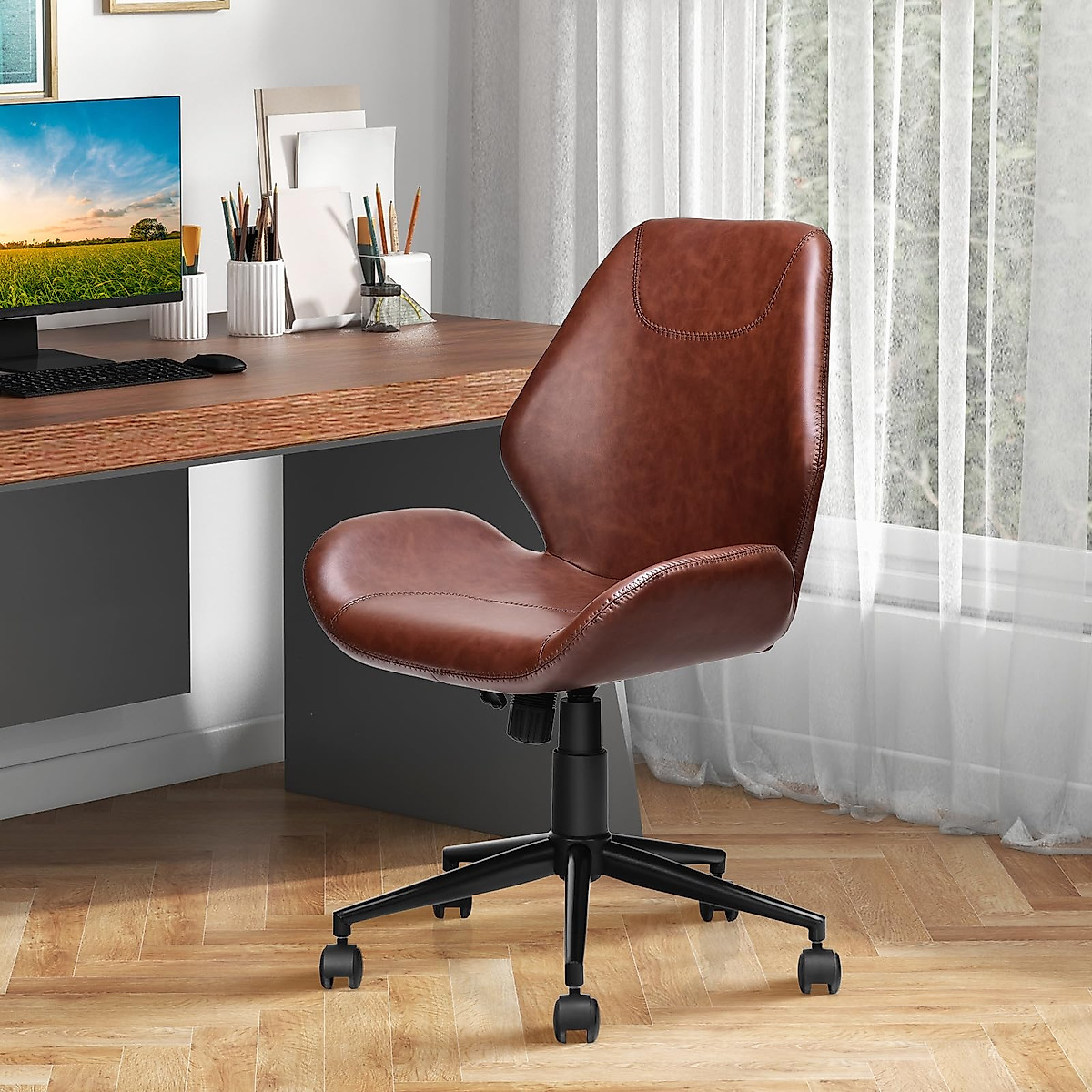 COSTWAY Armless Office Desk Chair, Mid-Back PU Leather Computer Task Chair with Rocking Back & Swivel Seat, Ergonomic Adjustable Leisure Chair with 5-Claw Metal Base for Home Office, Brown