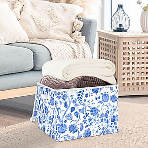 Doterii Blue Chinoiserie Blooming Flowers Storage Bin with Lid Fabric Foldable Cube Baskets Closet Toy Organizer