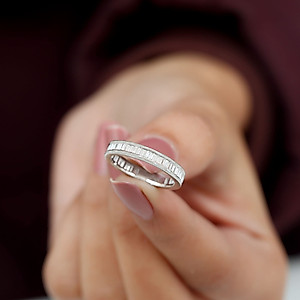 Certified Diamond Moissanite Half Eternity Band Ring, D Color VS1 Clarity - With Ready To Gift Jewelry Box, 14K White Gold, Size:US 10.00