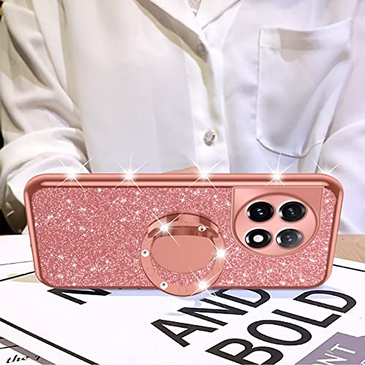 nancheng for Oneplus 11 Case (2023), Phone Case for Oneplus 11 5G Women Glitter Cute Luxury Soft Silicone Clear Case with Ring Stand Strap Lanyard Shockproof Protection Cover - Rose Gold