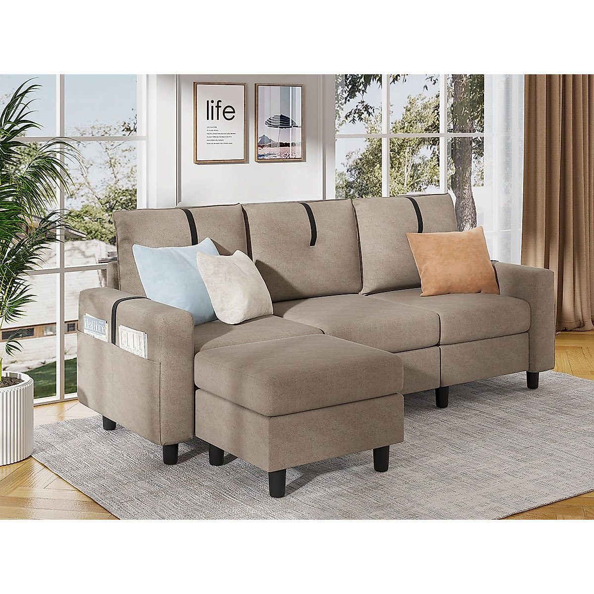 Tornama 80" L Shaped Sectional Sofas, 3 Seater Couch with Reversible Ottoman and Side Storage Pocket, Modern Linen Fabric Small Sectional Couch for Living Room, Apartment, Small Space, Beige