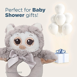 Bearington Baby Lil' Owlie Plush Stuffed Animal Gray Owl Soft Ring Rattle, 5.5"