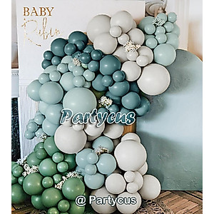 Dusty Blue and Green Balloon Garland - Double Stuffed Sage Green Teal White Matte Balloons Olive Slate Blue Boho Balloon Arch Kit for Baby Shower Neutral Birthday Bridal Party Decoration