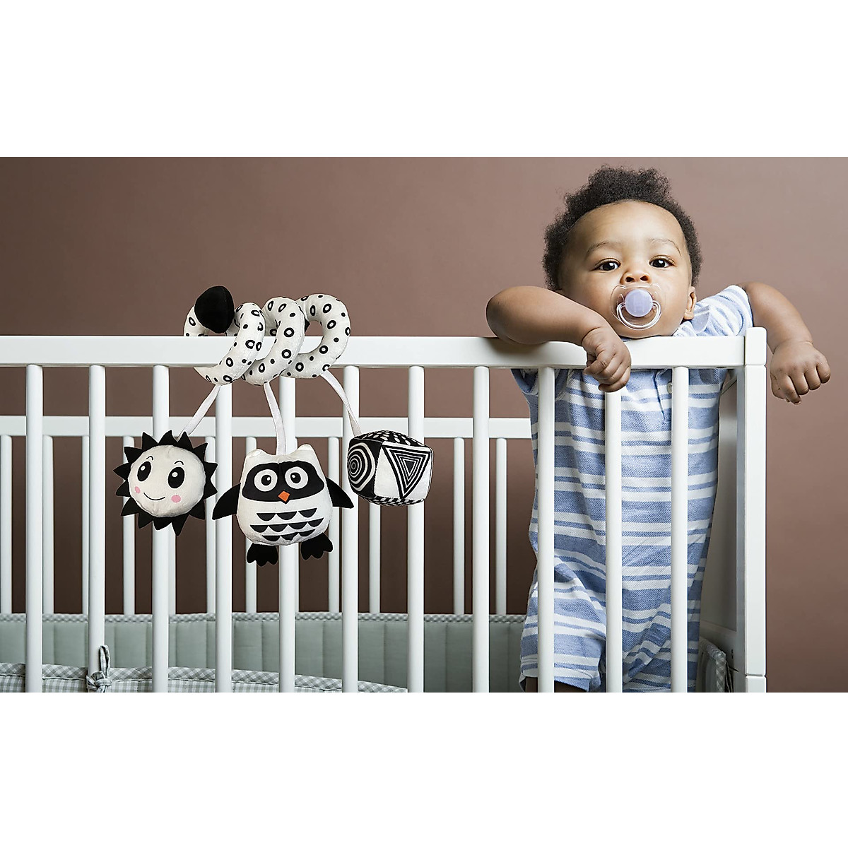 Hanging Toys for Car Seat Crib Mobile, Infant Baby Spiral Plush Toys for Crib Bed Stroller Car Seat Bar - Black and White Color Toy with Rattles Owl BB Squeaker Sun