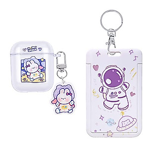 Fycyko Compatible with AirPods 2 Case Clear Cute Cartoon Rabbit Keychain Protective Cover Space Astronaut Purple Pattern Card Cover Credit Card ID Window Design for AirPods 2 &1