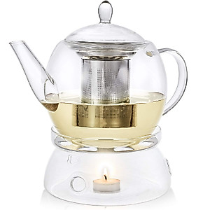 Teabloom Prague Glass Tea Maker & Warmer Set – Large Capacity (45 oz) – Heatproof Borosilicate Glass Teapot with Removable Stainless Steel Loose Tea Infuser – Stovetop Safe Kettle