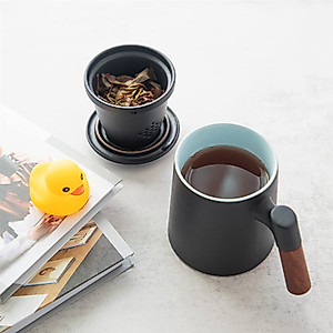 HEER Ceramic Tea Mug with Infuser and Lid, Black Wooden Handle Tea Cup with Filter for Steeping Loose Leaf, 13.5oz/400ml.