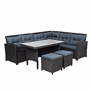 GODAFA 7 Seating Outdoor Patio Furniture Sectional Sofa Set, All-Weather L Shaped Couch with Glass Table, Ottomans for Backyard Porch Poolside, 1, Black