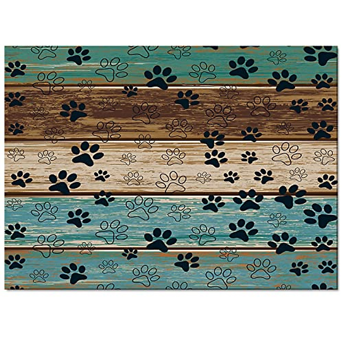 Seven Roses Indoor Area Rug, Paw Print Filling Non Slip Carpet Pad Bathroom Mat, Rustic Teal Brown Beige Wood Kitchen Runner Area Rug for Bedroom/Living Room/Kids Room 4'x6'