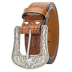 XuoAz Women Vintage-Western PU Leather Rhinestone-Buckle-Belt Cowgirl Bling-Diamond Country Waist Belts(for 33" to 38" Waist)