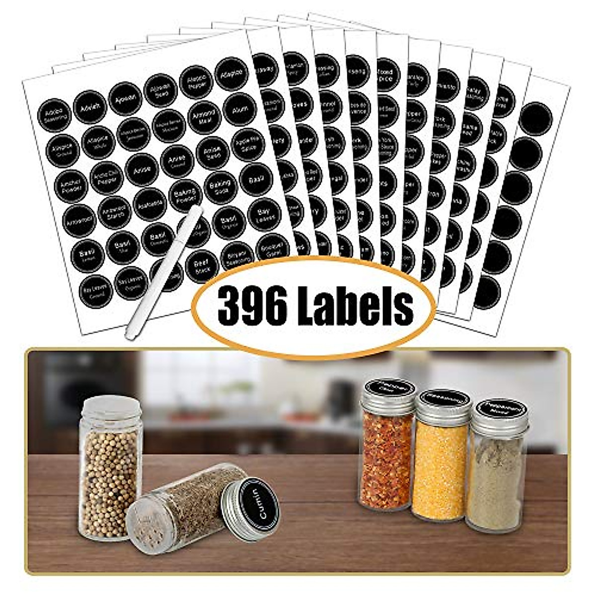 SWOMMOLY Spice Rack Organizer with 24 Empty Round Spice Jars, 396 Spice Labels with Chalk Marker and Funnel Complete Set, Spice Rack Organizer for Cabinet, Pantry, Countertop or Wall Mount, Black