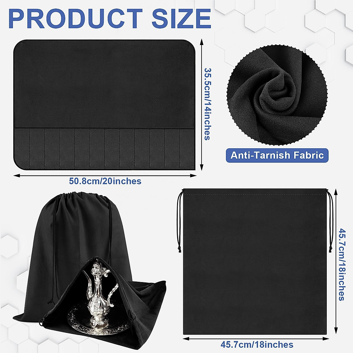 4Pcs 18x18 Inches Silver Storage Bags Anti Tarnish, 20x14 Inches Silver Storage Cloth Anti Tarnish Silver Protector Bags for Cutlery Utensils Silverware Protection Flatware Silver Plate Tarnish