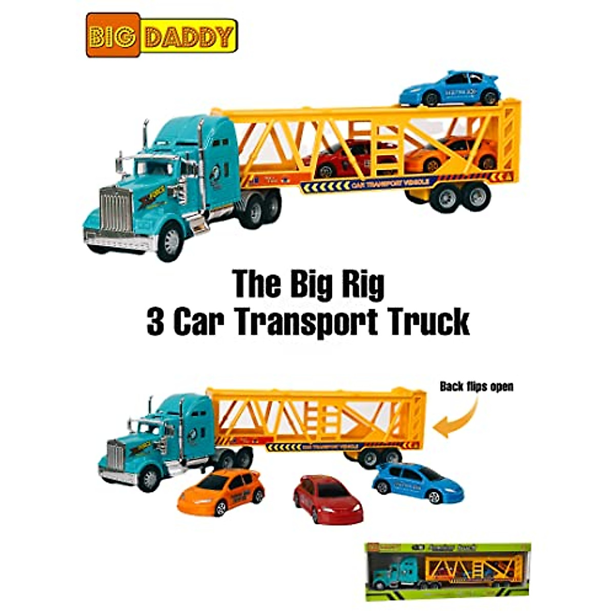 Big Daddy Heavy Duty Tractor Trailer Race Car Carrier Toy Truck with 3 Cars Bundle