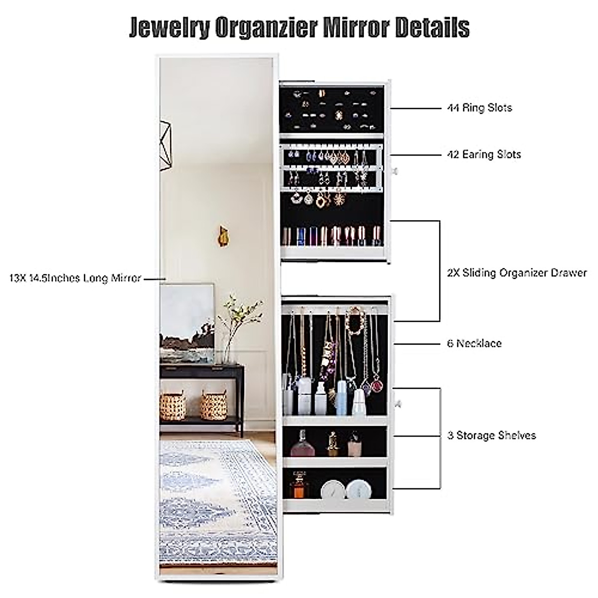 BOSTANA Standing Jewelry Organizer Armoire With 2 Push-Pull Jewelry Cabinet,Anti-trpinig Leaning Full Length Mirror,Body Mirror with 2 Jewelry Drawer For Girls,Women, Bedroom Decoration,Gift