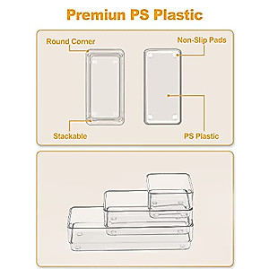 SMARTAKE 30-Piece Drawer Organizer with Non-Slip Silicone Pads, 7-Size Desk Drawer Organizer Trays Storage Tray for Makeup, Jewelries, Utensils in Bedroom Dresser, Office and Kitchen (Clear)