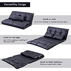 Adjustable Floor Sofa Bed with 2 Pillows , Folding Futon Couch Leisure Lazy Sofa with 5 Reclining Position, PU Floor Sofa for Reading or Gaming in Bedroom/Living Room/Balcony,Black