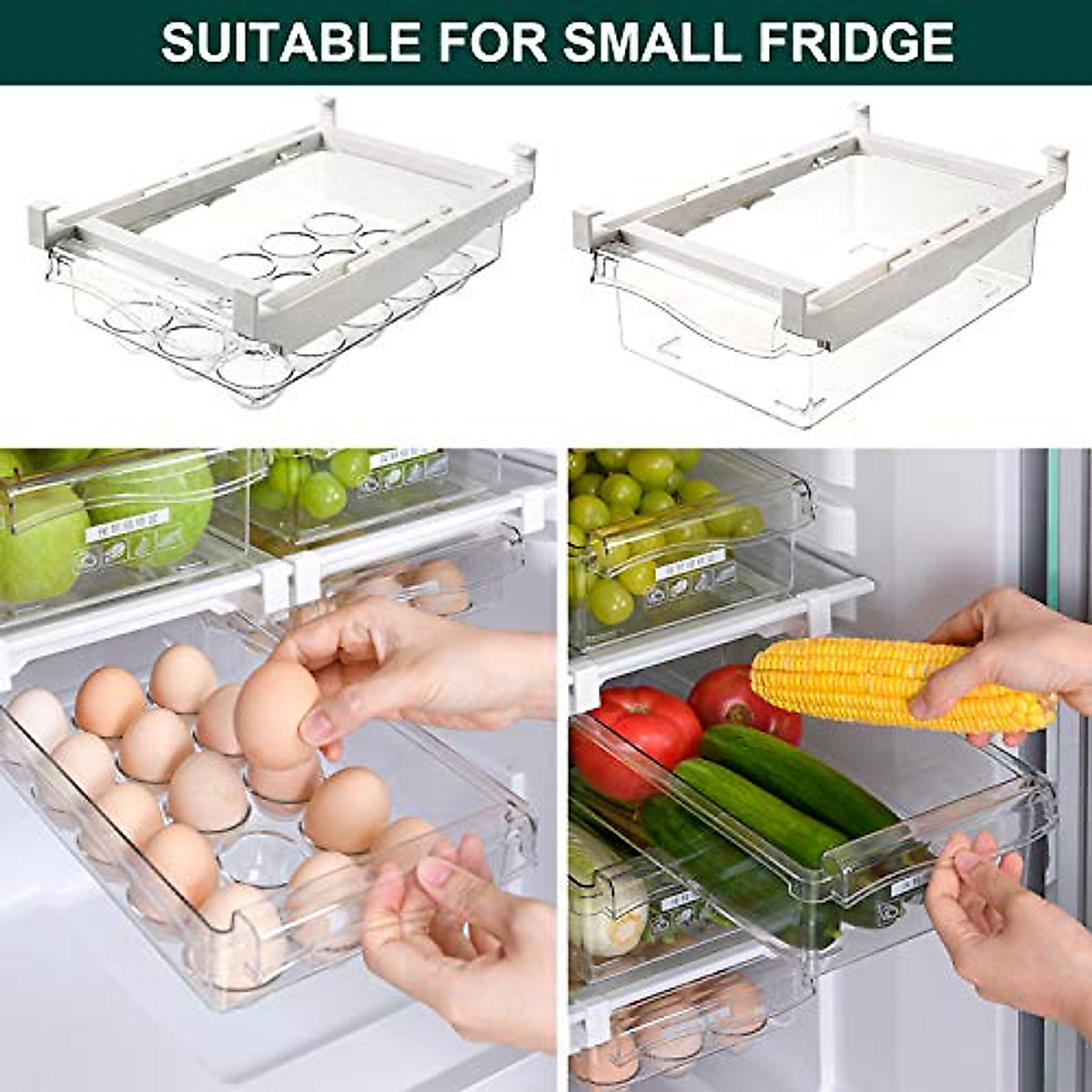 LALASTAR Fridge Drawer Organizer & Egg Holder For Refrigerator, Set of 2, Pull Out Refrigerator Storage Drawers for Fruits, Vegetable And Egg, Storage Containers Fit for Fridge Shelf Under 0.6"