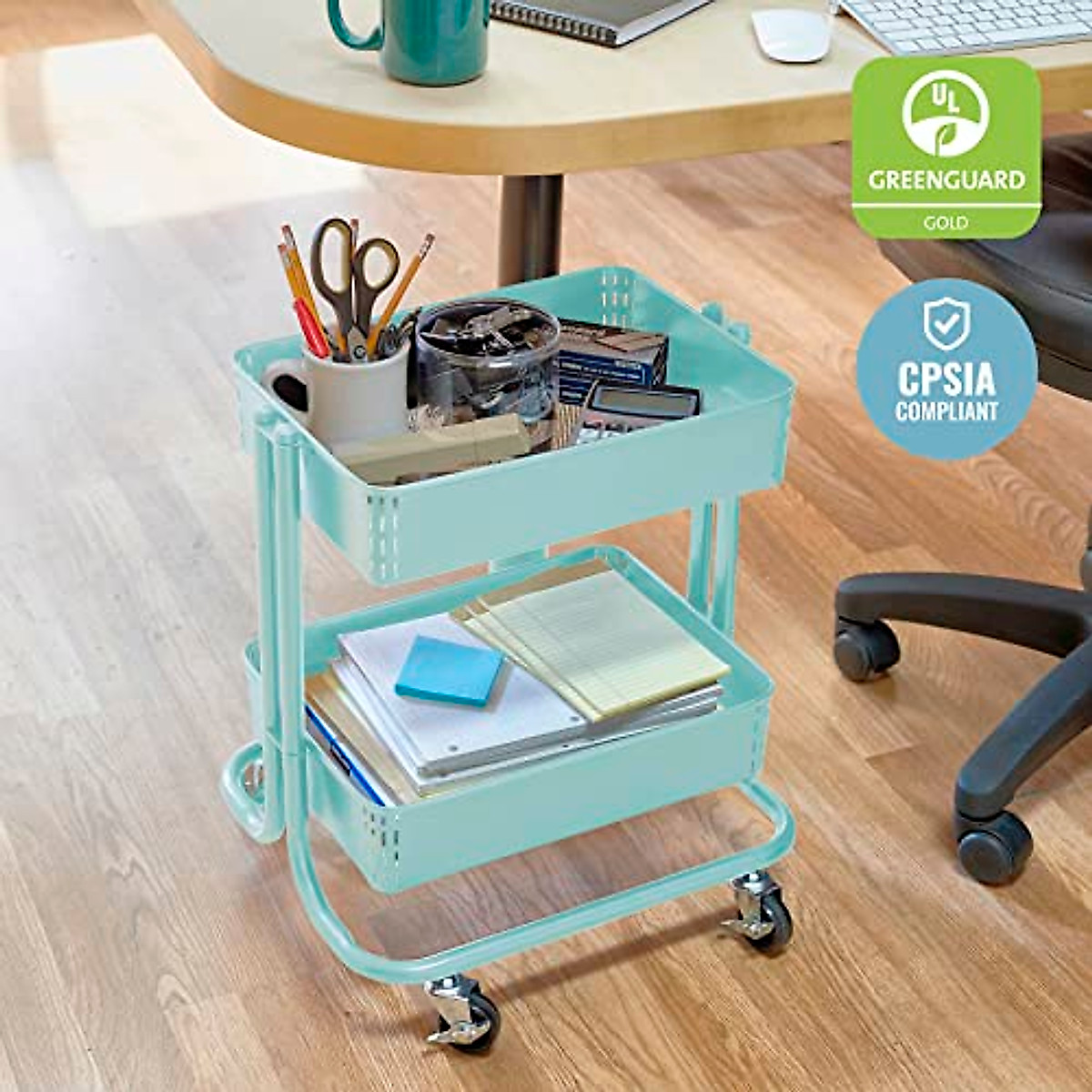 ECR4Kids 2-Tier Metal Rolling Utility Cart - Under Desk Office Storage, Multipurpose Mobile Organizer, Teal
