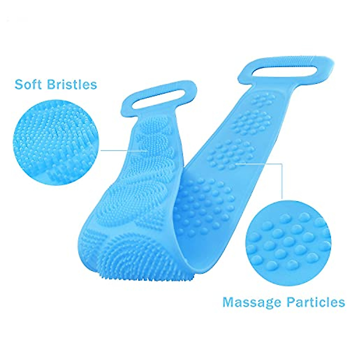 Silicone Bath Brush for Shower- Back Body Brush Scrubber, Shower Pull-tab Double-Sided Long Strip Silicone Bath Belt, Easy to Clean-Exfoliate, Blue
