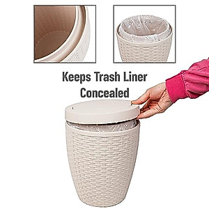 Mind Reader Basket Collection, Round Wastepaper Basket and Toilet Brush Set, Premium Wicker Design, 2 Piece Set, Swivel Lid Bin is 8.75"W x 11.25"H, Brush is 15.25"H, 8.75"L x 8.75"W x 11.25"H, Ivory