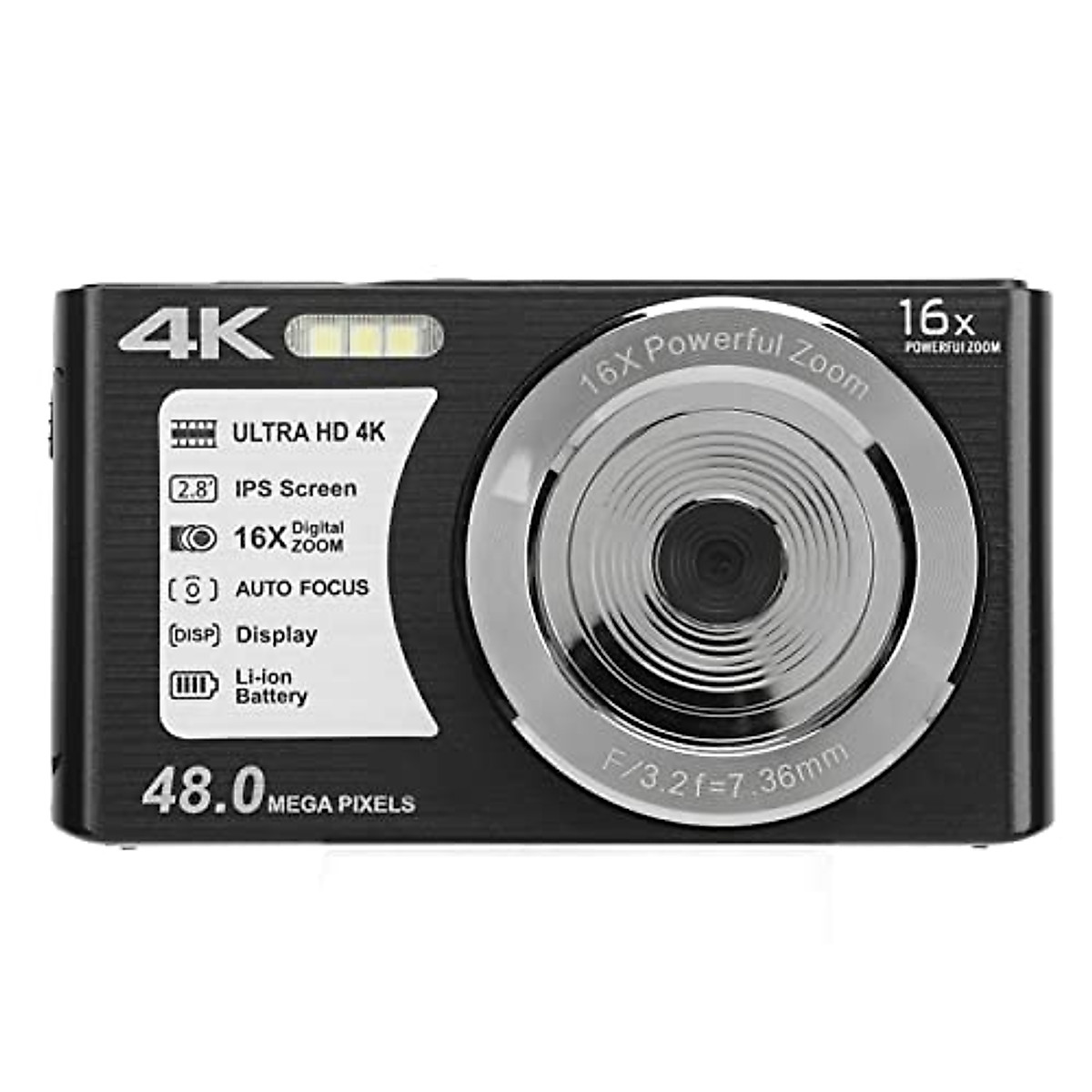 4K Digital Camera, Portable Zoom Compact Camera, 48MP 2.8 Inch 16X 48MP 4K Video Image USB Charging Video Digital Camera for Teens Beginners (Black)