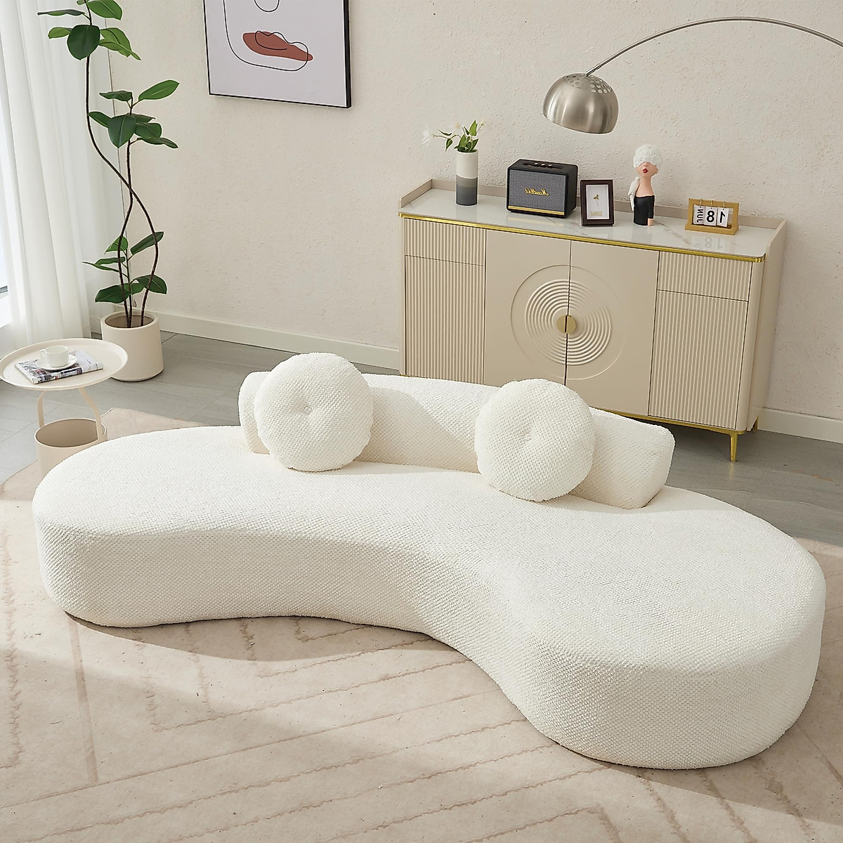 105.5" Modern Curved Sofa Couch for Living Room,Corduroy Fabric Cloud Sofa with 2 Pillows,Minimalist Style Comfy Couch,3 Seater,no Assembly Required,Beige