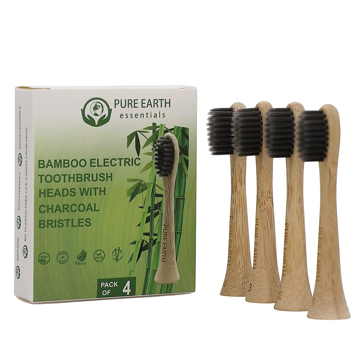 Bamboo Electric Toothbrush Replacement Heads - Compatible with Philips Sonicare Toothbrush - Soft Bristle Natural Charcoal Toothbrush Heads Refill - (Pack of 4) by Pure Earth Essentials