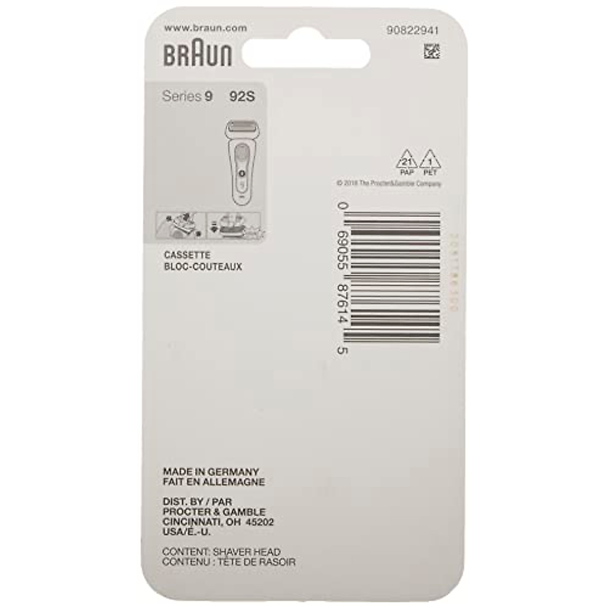 Braun Series 9 Electric Shaver Replacement Head - 92S - Compatible with all Series 9 Electric Razors 9290cc, 9291cc, 9370cc, 9293s, 9385cc, 9390cc, 9330s, 9296cc