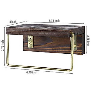 MyGift Rustic Brass Tone Metal Wire Bathroom Towel Ring with Dark Brown Burnt Wood Wall Mount, Hand Towel Rack with Display Shelf