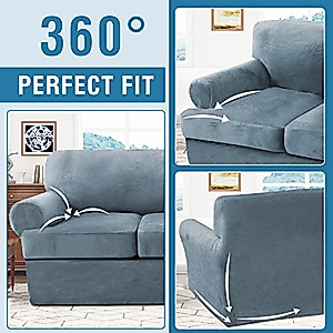 H.VERSAILTEX Sofa Cover 3 Piece T Cushion Loveseat Slipcovers Thick Velvet Couch Cover Stretch T Cushion Sofa Covers for 2 Cushion Couch with 2 Individual T Cushion Covers Washable, Stone Blue